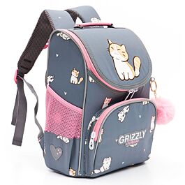 Ранец школьный для девочки с мешком Grizzly Котик серый: купить по ...